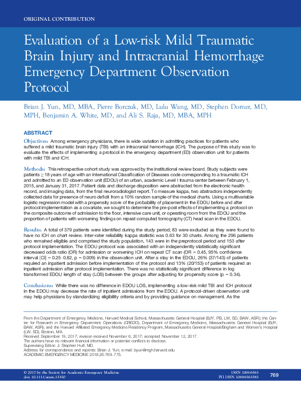 (PDF) Evaluation of a Low Risk Mild Traumatic Brain Injury and ...
