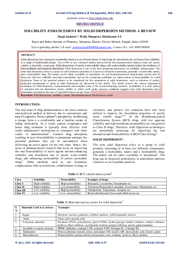 (PDF) Solubility Enhancement by Solid Dispersion Method: A Review