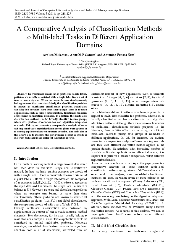 (PDF) A Comparative Analysis of Classification Methods to Multi-label Tasks in Different ...