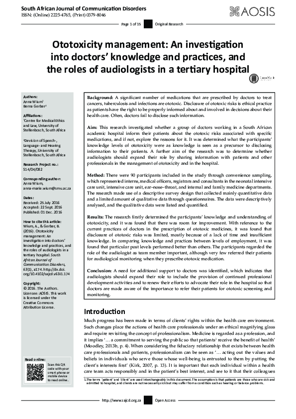 (PDF) Ototoxicity management: An investigation into doctors’ knowledge and practices, and the ...