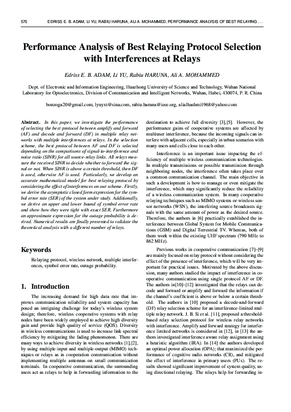 (PDF) Performance Analysis of Best Relaying Protocol Selection with Interferences at Relays