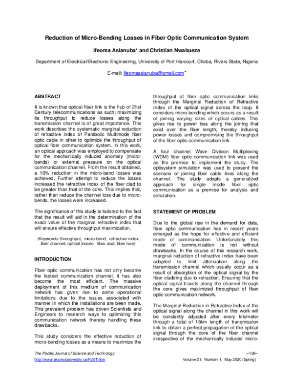 (PDF) Reduction of Micro-Bending Losses in Fiber Optic Communication System