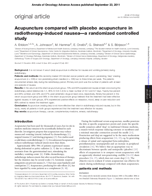 Pdf Acupuncture Compared With Placebo Acupuncture In Radiotherapy Induced Nausea A Randomized
