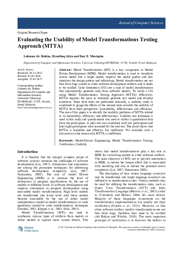 Pdf Evaluating The Usability Of Model Transformations Testing Approach Mtta