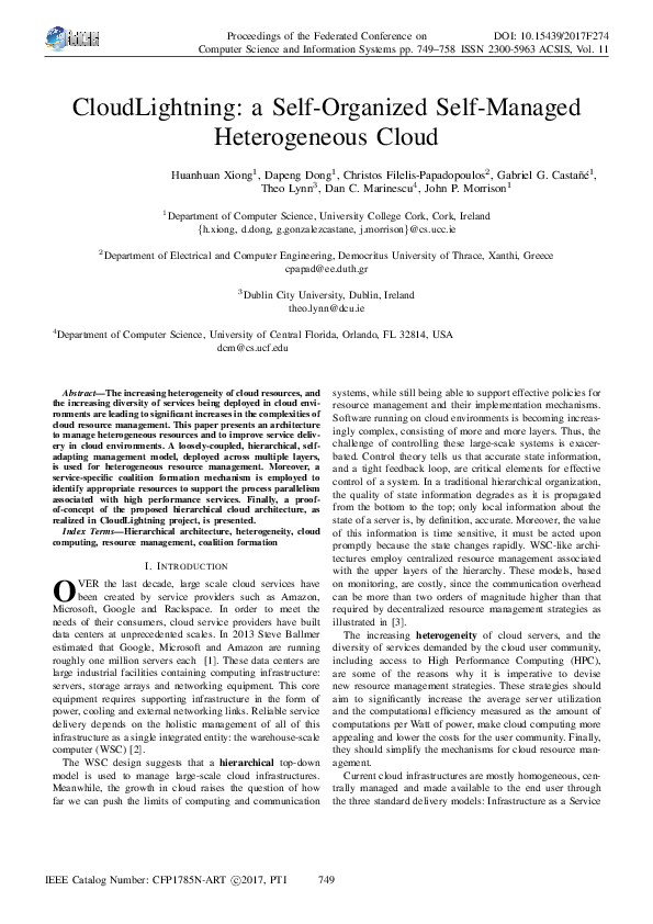 (PDF) CloudLightning: a Self-Organized Self-Managed Heterogeneous Cloud
