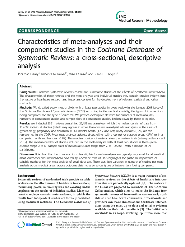 (PDF) Characteristics of meta-analyses and their component studies in ...