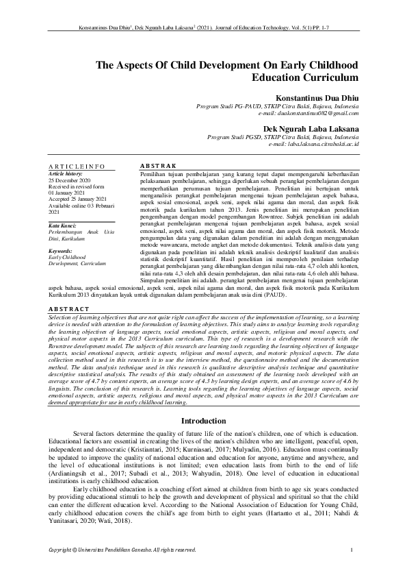 (PDF) The Aspects Of Child Development On Early Childhood Education ...
