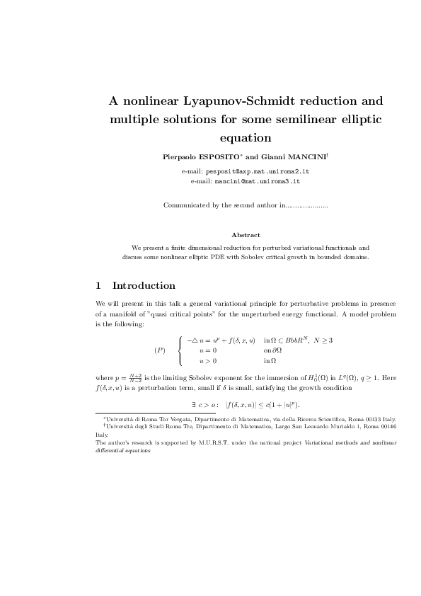 (PDF) A nonlinear Lyapunov-Schmidt reduction and multiple solutions for some semilinear elliptic ...