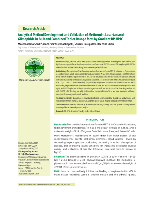 Pdf Analytical Method Development And Validation Of Metformin Losartan And Glimepiride In