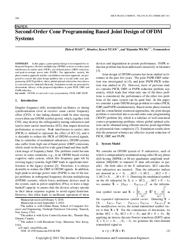 Pdf Second Order Cone Programming Based Joint Design Of Ofdm Systems