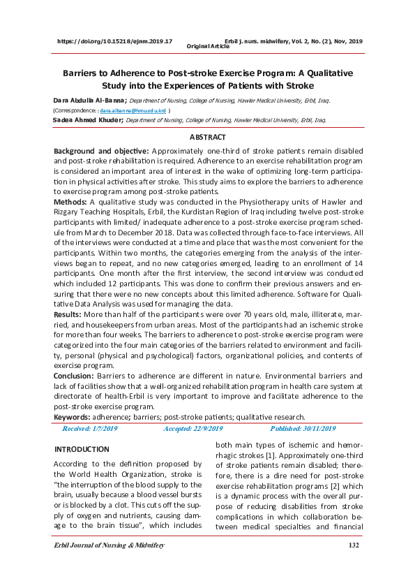 (PDF) Barriers to Adherence to Post-stroke Exercise Program: A Qualitative Study into the ...