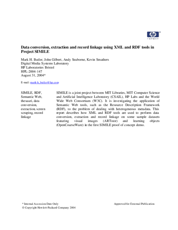 (PDF) Data conversion , extraction and record linkage using XML and RDF tools in Project SIMILE ...