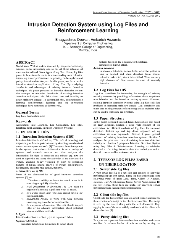 Pdf Intrusion Detection System Using Log Files And Reinforcement