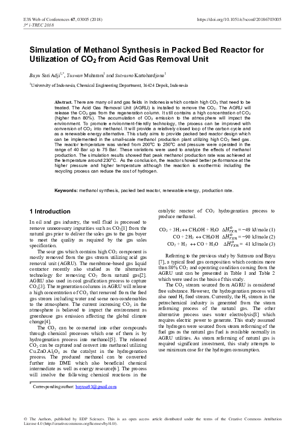 Pdf Simulation Of Methanol Synthesis In Packed Bed Reactor For Utilization Of Co2 From Acid