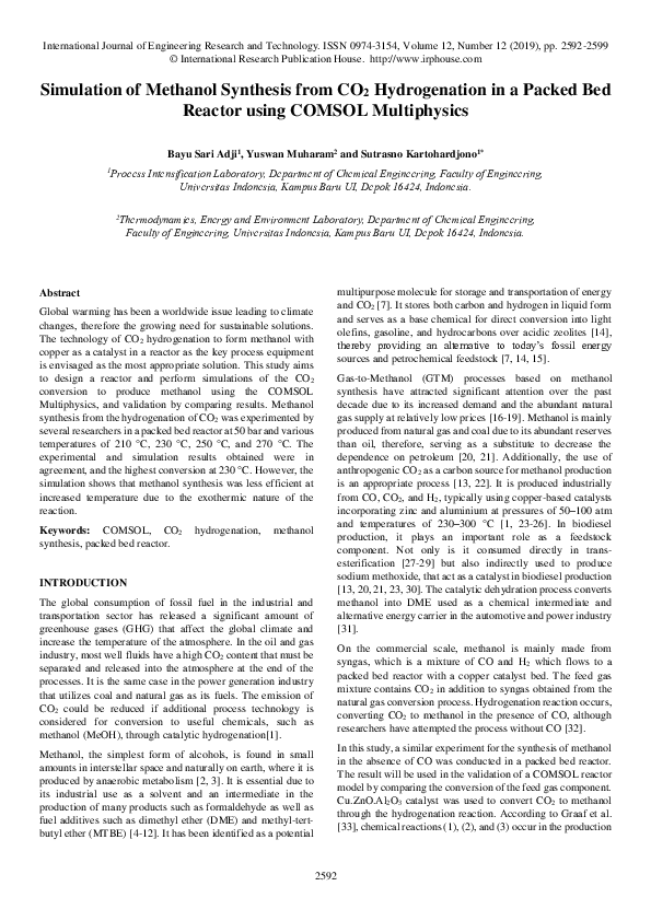 (PDF) Simulation of Methanol Synthesis from CO2 Hydrogenation in a Packed Bed Reactor using ...