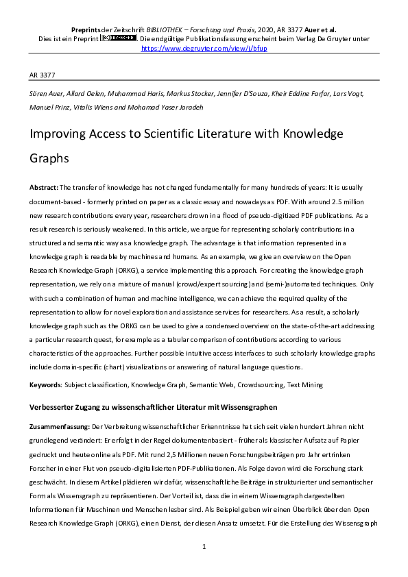 (PDF) Improving Access to Scientific Literature with Knowledge Graphs