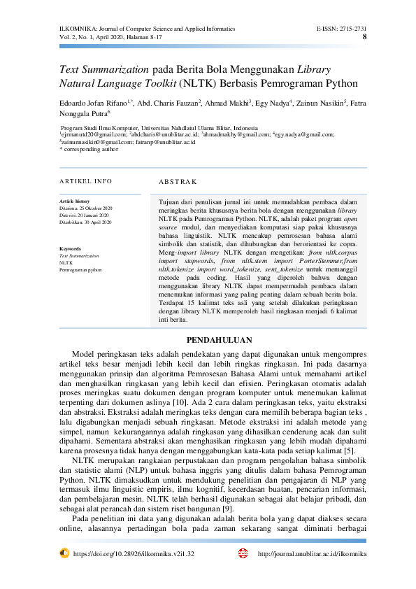 (PDF) Text Summarization Menggunakan Library Natural Language Toolkit ... (PDF) Text Summarization Menggunakan Library Natural Language Toolkit ...