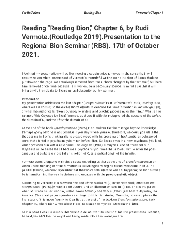 (DOC) Presentation. Regional Bion Seminar. Reading Bion. Rudi Vermote ...