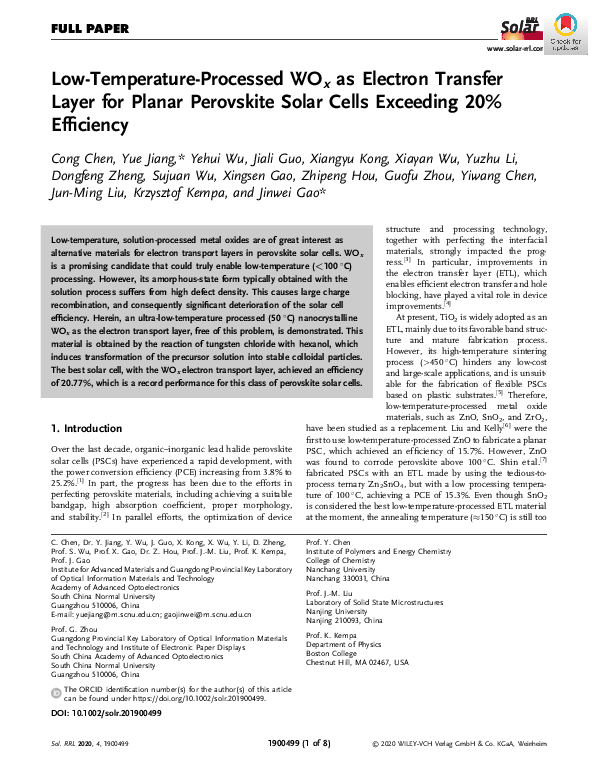 (PDF) Low‐Temperature Processed WO x as Electron Transfer Layer for Planar Perovskite Solar ...