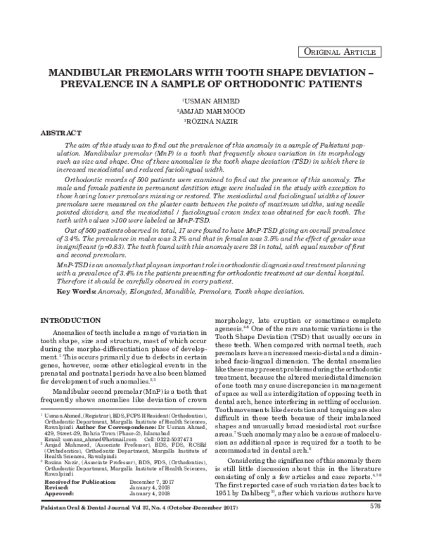 (PDF) Mandibular Premolars with Tooth Shape Deviation – Prevalence in a ...