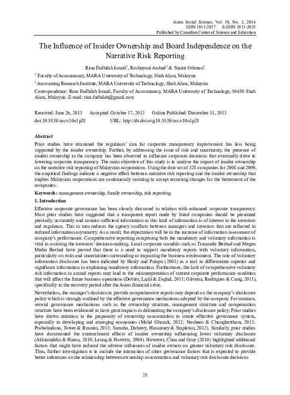 (PDF) The Influence of Insider Ownership and Board Independence on the Narrative Risk Reporting ...