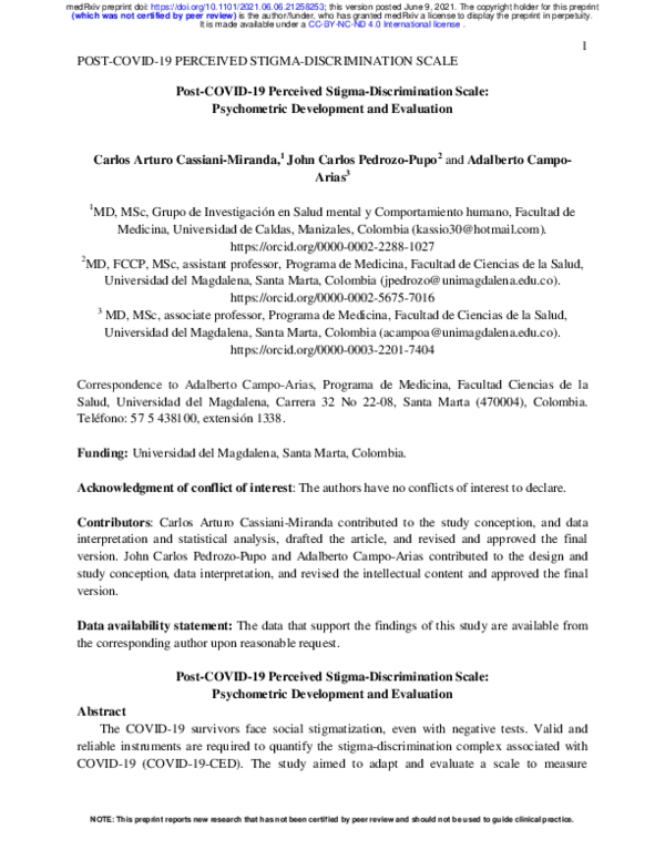 (PDF) Post-COVID-19 Perceived Stigma-Discrimination Scale: Psychometric ...