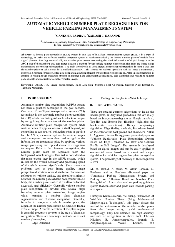 (PDF) Automatic Vehicle Number Plate Recognition for Vehicle Parking Management System
