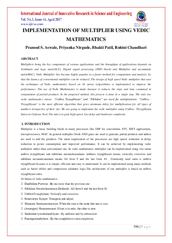 (PDF) Implementation of Multiplier Using Vedic Mathematics