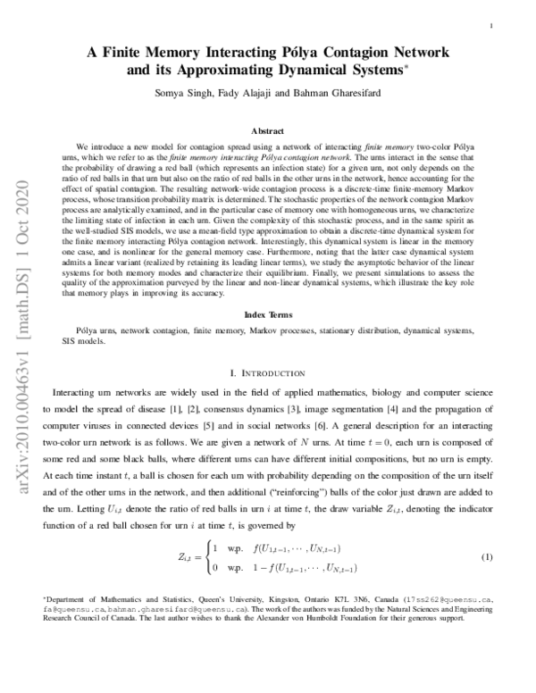 (PDF) A Finite Memory Interacting Pólya Contagion Network and its Approximating Dynamical Systems