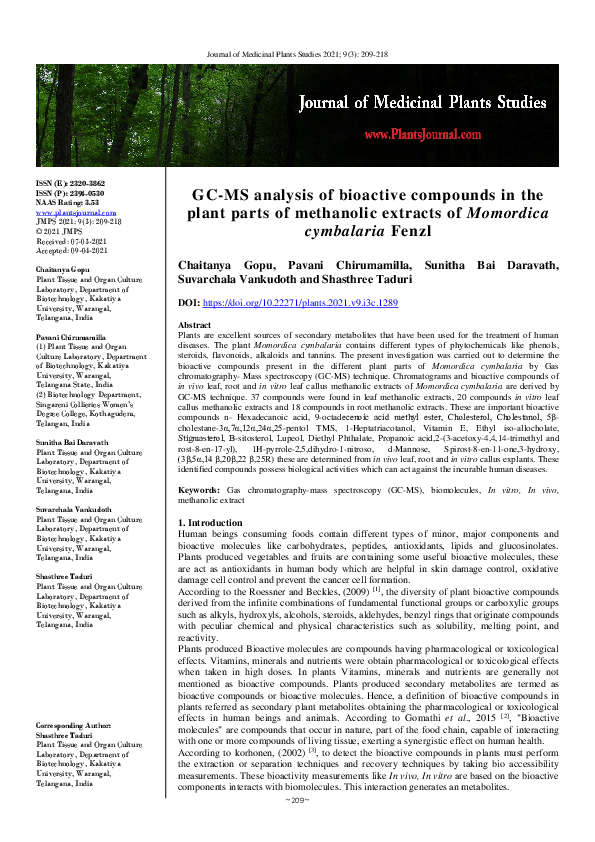 Gc Ms Analysis Of Bioactive Compounds In The Plant Parts Of Methanolic