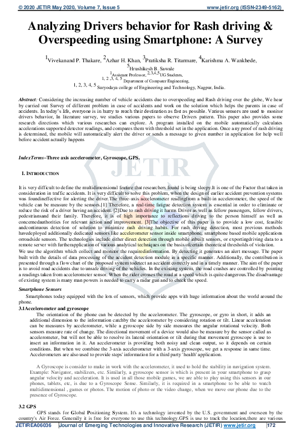 (PDF) Analyzing Drivers behavior for Rash driving & Overspeeding using Smartphone: A Survey