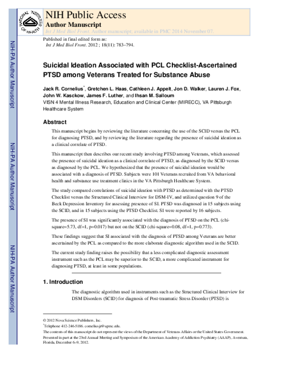 (PDF) Suicidal Ideation Associated with PCL Checklist-Ascertained PTSD ...