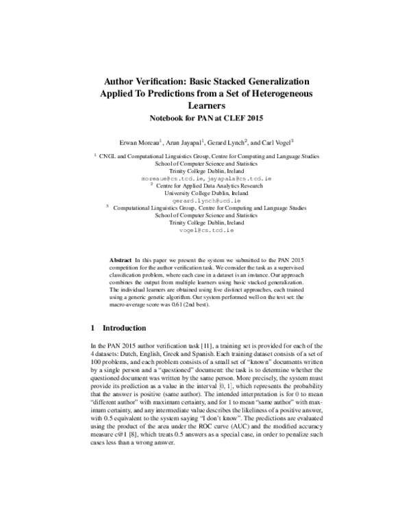 Pdf Author Verification Basic Stacked Generalization Applied To