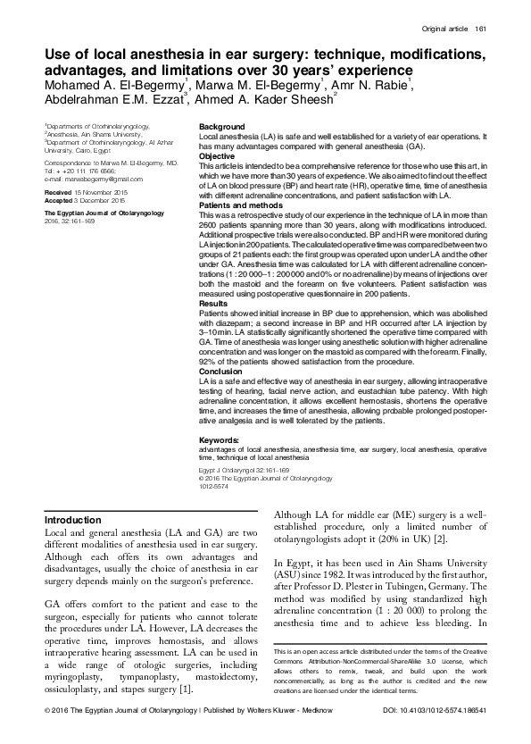 (PDF) Use of local anesthesia in ear surgery: technique, modifications ...
