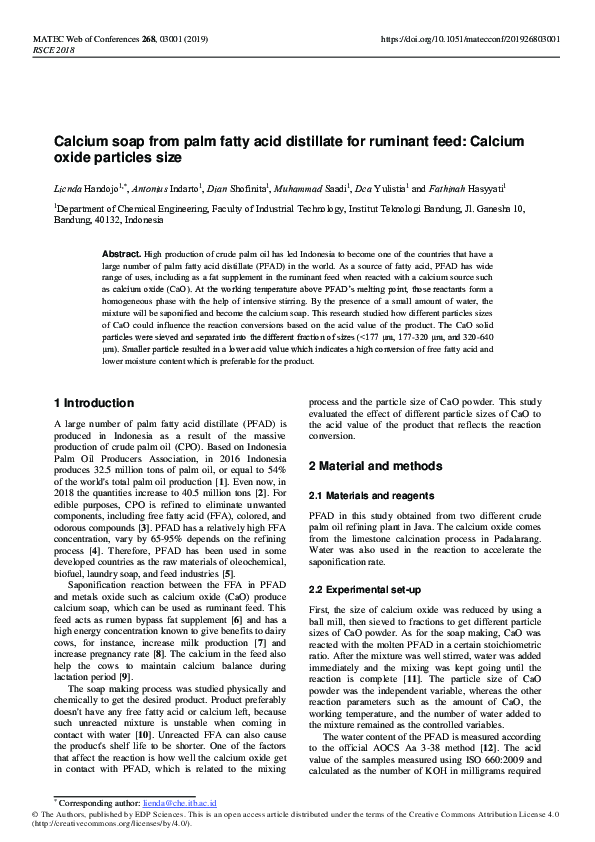 (PDF) Calcium soap from palm fatty acid distillate for ruminant feed ...