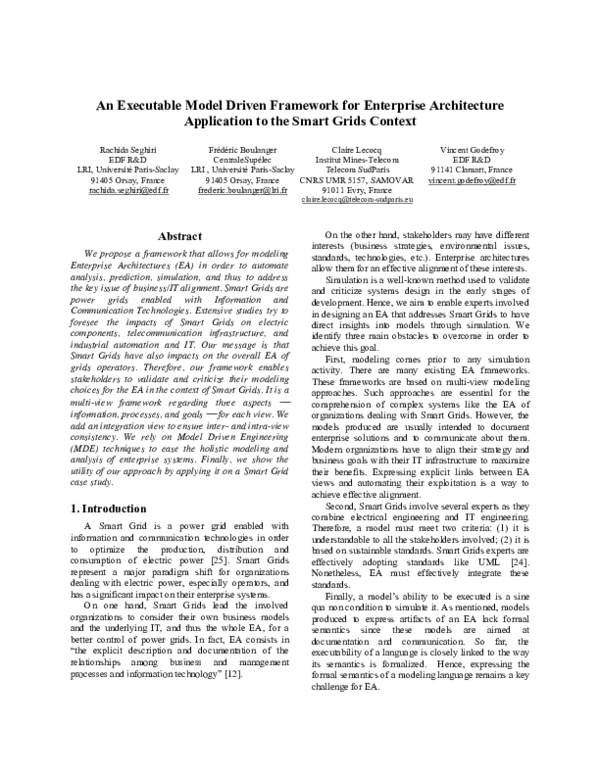 (PDF) An Executable Model Driven Framework for Enterprise Architecture Application to the Smart ...
