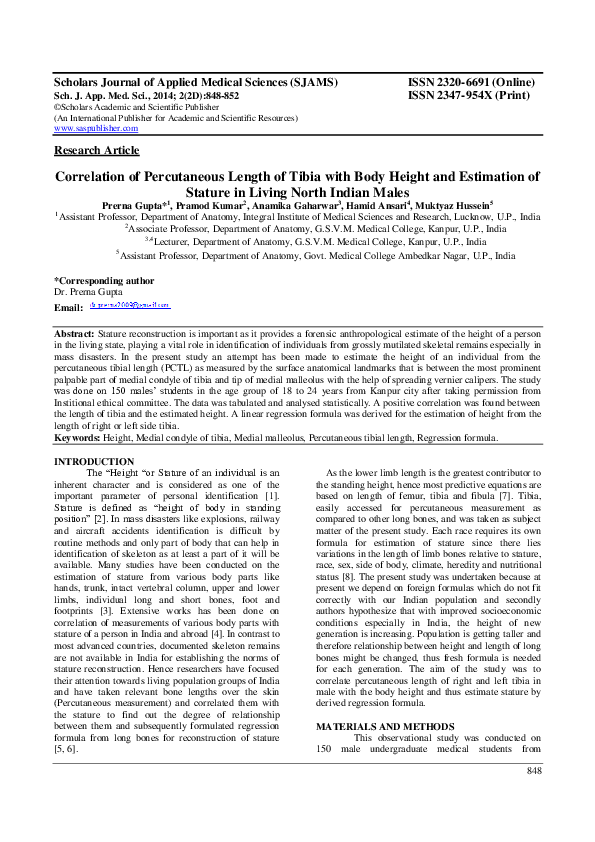 (PDF) Correlation of Percutaneous Length of Tibia with Body Height and ...