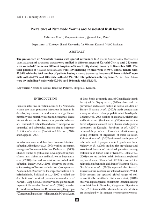 (PDF) Prevalence of Nematode Worms and Associated Risk factors