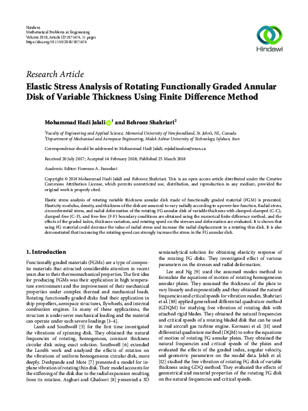 (PDF) Elastic Stress Analysis of Rotating Functionally Graded Annular Disk of Variable Thickness ...