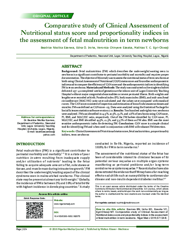 (PDF) Comparative study of Clinical Assessment of Nutritional status score and proportionality ...