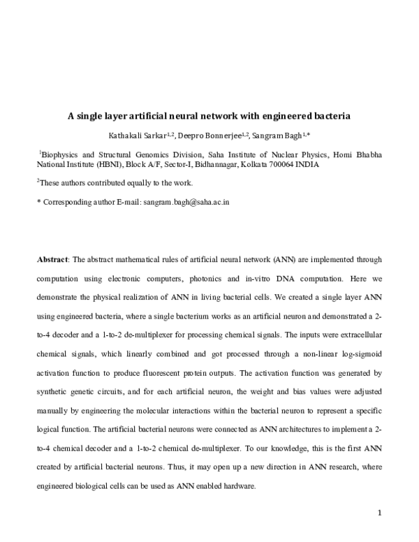 (PDF) A single layer artificial neural network with engineered bacteria