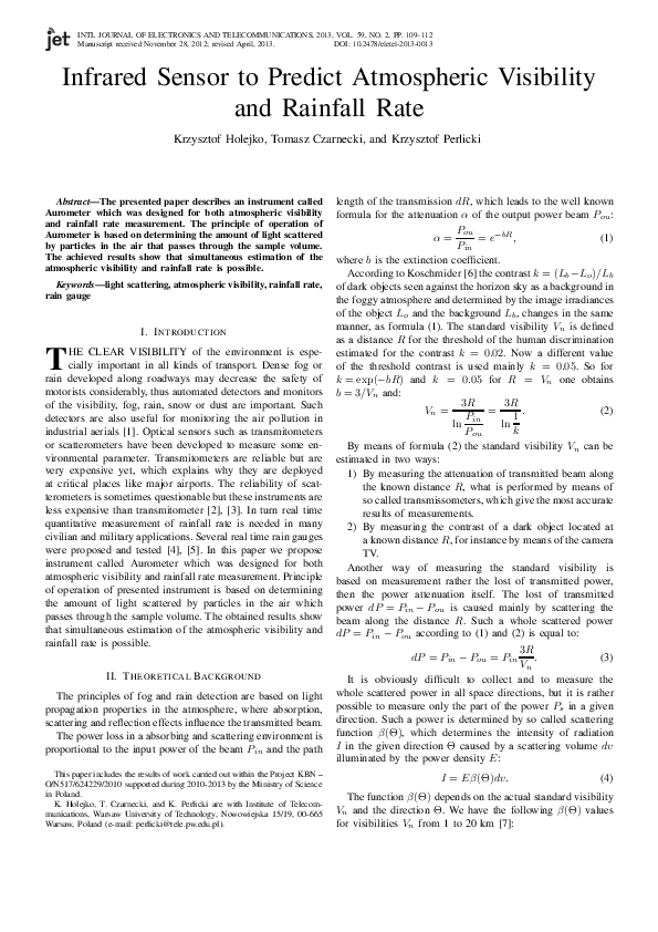 (PDF) Infrared Sensor to Predict Atmospheric Visibility and Rainfall Rate