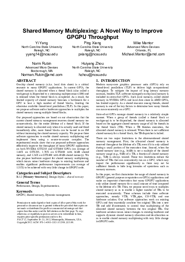 (PDF) Shared memory multiplexing: a novel way to improve GPGPU throughput