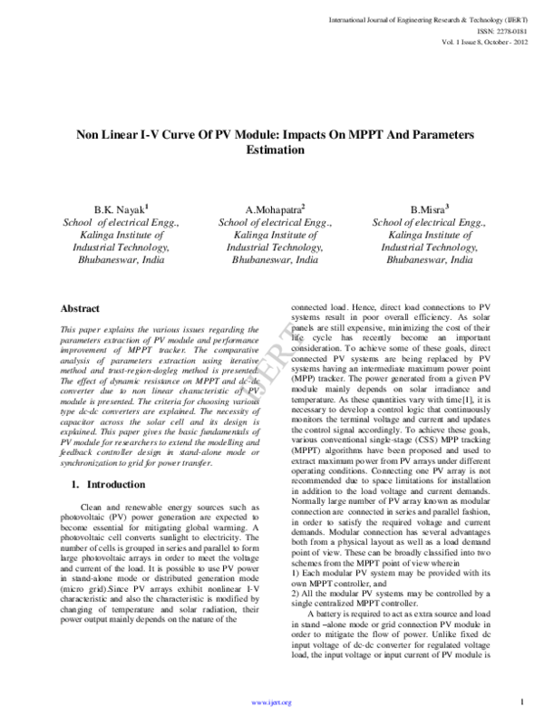 (PDF) Non Linear I-V Curve Of PV Module: Impacts On MPPT And Parameters Estimation