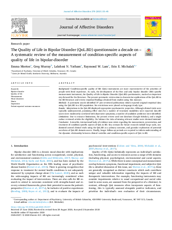 (PDF) The Quality of Life in Bipolar Disorder (QoL.BD) Questionnaire a ...