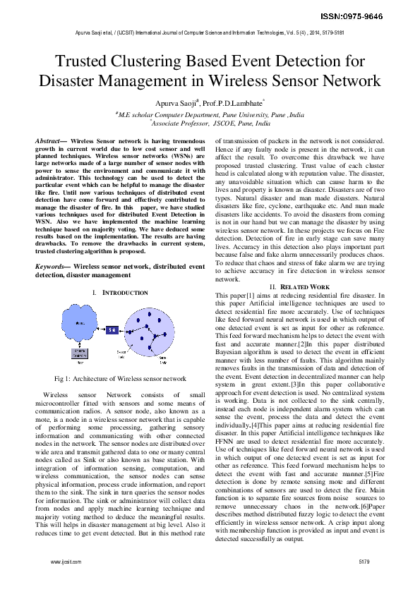 (PDF) Trusted Clustering Based Event Detection for Disaster Management in Wireless Sensor Network