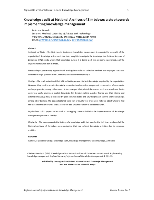 (PDF) Knowledge audit at National Archives of Zimbabwe: a step towards ...