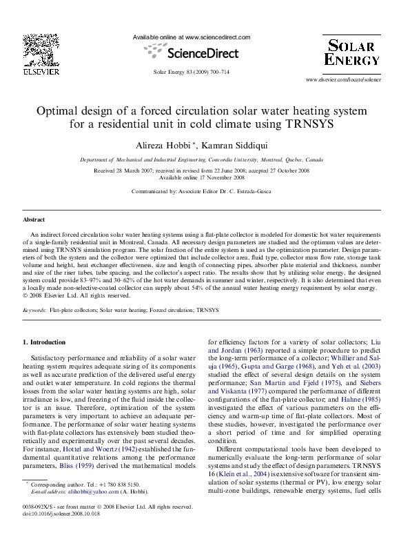 (PDF) Optimal design of a forced circulation solar water heating system ...