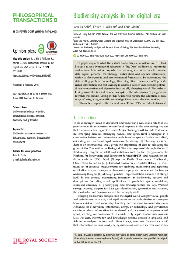 (PDF) Biodiversity analysis in the digital era