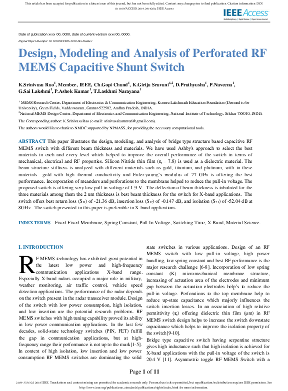 Pdf Design Modeling And Analysis Of Perforated Rf Mems Capacitive